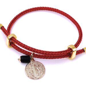 LESLIE BOULES 18K Gold Plated Saint Benedict Medal Red String Bracelet Charm Genuine Jetstone