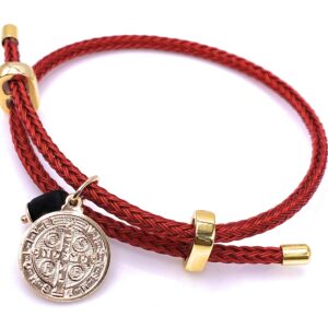 LESLIE BOULES 18K Gold Plated Saint Benedict Medal Red String Bracelet Charm Genuine Jetstone