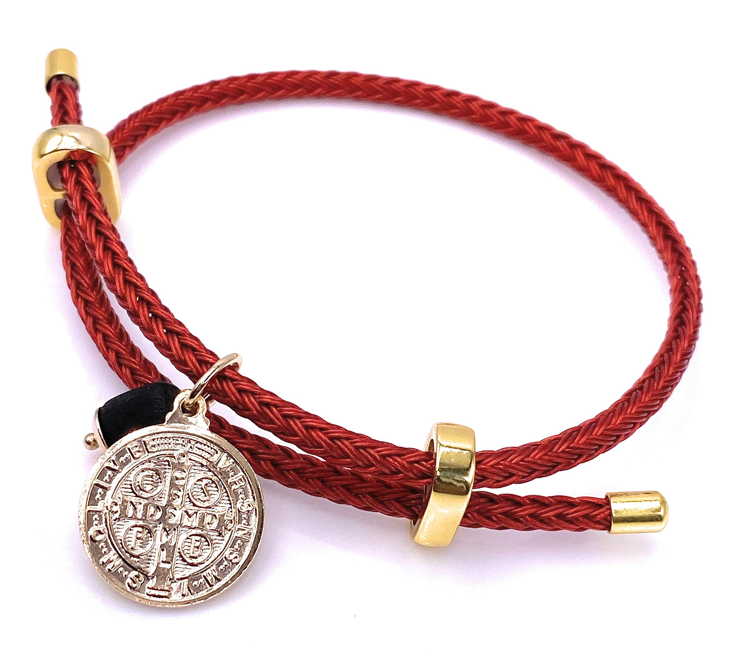 LESLIE BOULES 18K Gold Plated Saint Benedict Medal Red String Bracelet Charm Genuine Jetstone