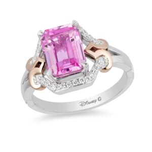 jewelili enchanted disney fine jewelry sterling silver and 10k rose gold with 1/6 cttw and created pink sapphire aurora ring, size 9