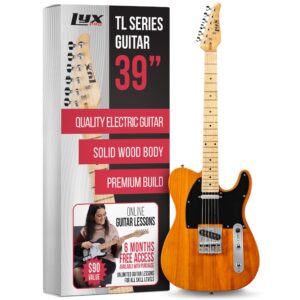 lyxpro 39” electric guitar tl series, full-size paulownia wood body, 3-ply pickguard, c-shape neck, ashtray bridge, quality gear tuners, 3-way switch & volume/tone controls, 2 picks included, mahogany