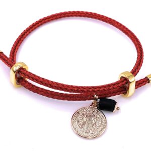 LESLIE BOULES 18K Gold Plated Saint Benedict Medal Red String Bracelet Charm Genuine Jetstone