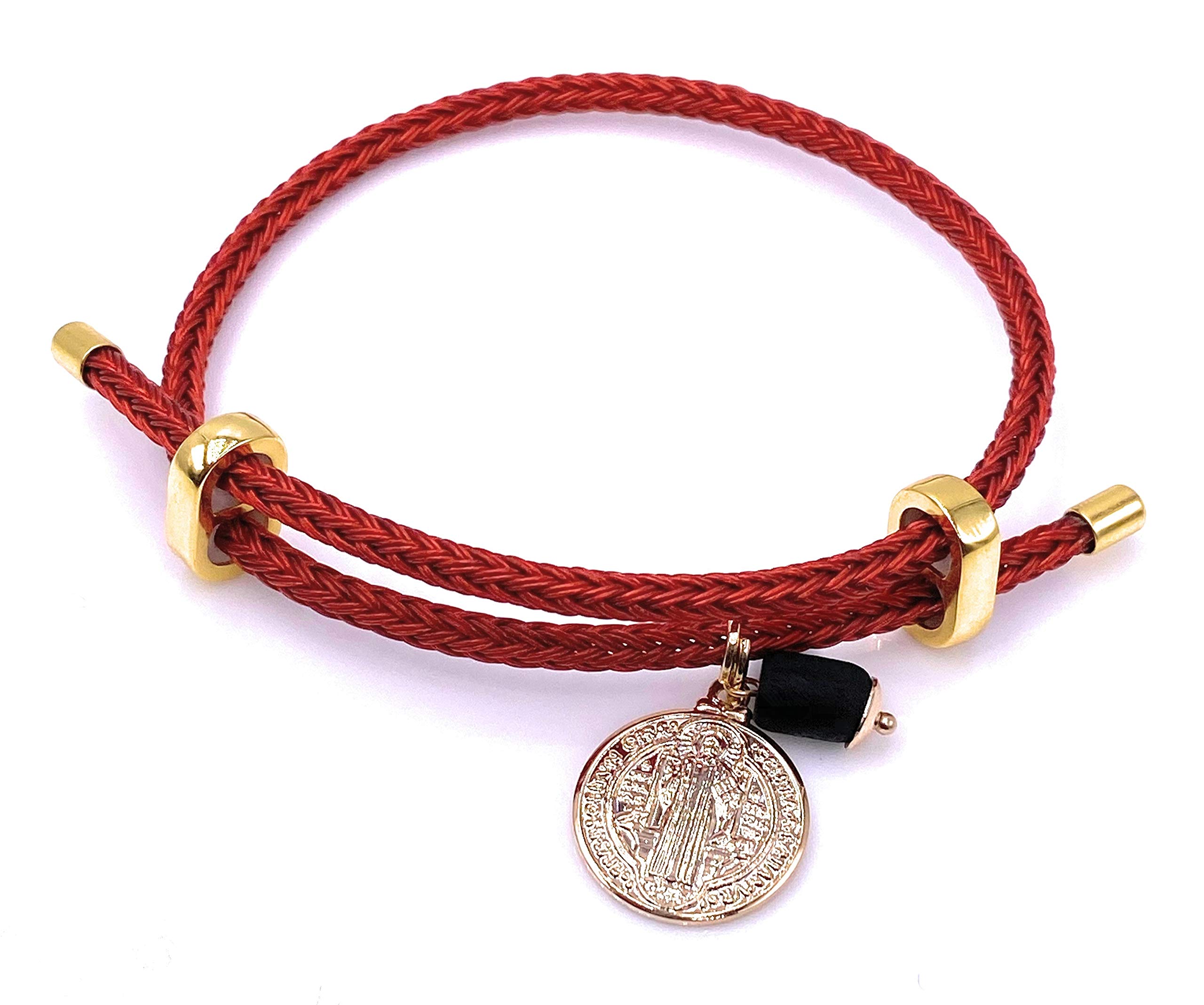 LESLIE BOULES 18K Gold Plated Saint Benedict Medal Red String Bracelet Charm Genuine Jetstone