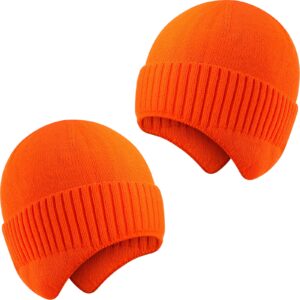 2 pieces beanie watch hat winter ear flaps skull cap warm cuff knit hat with plush for men outdoor hunting (orange)