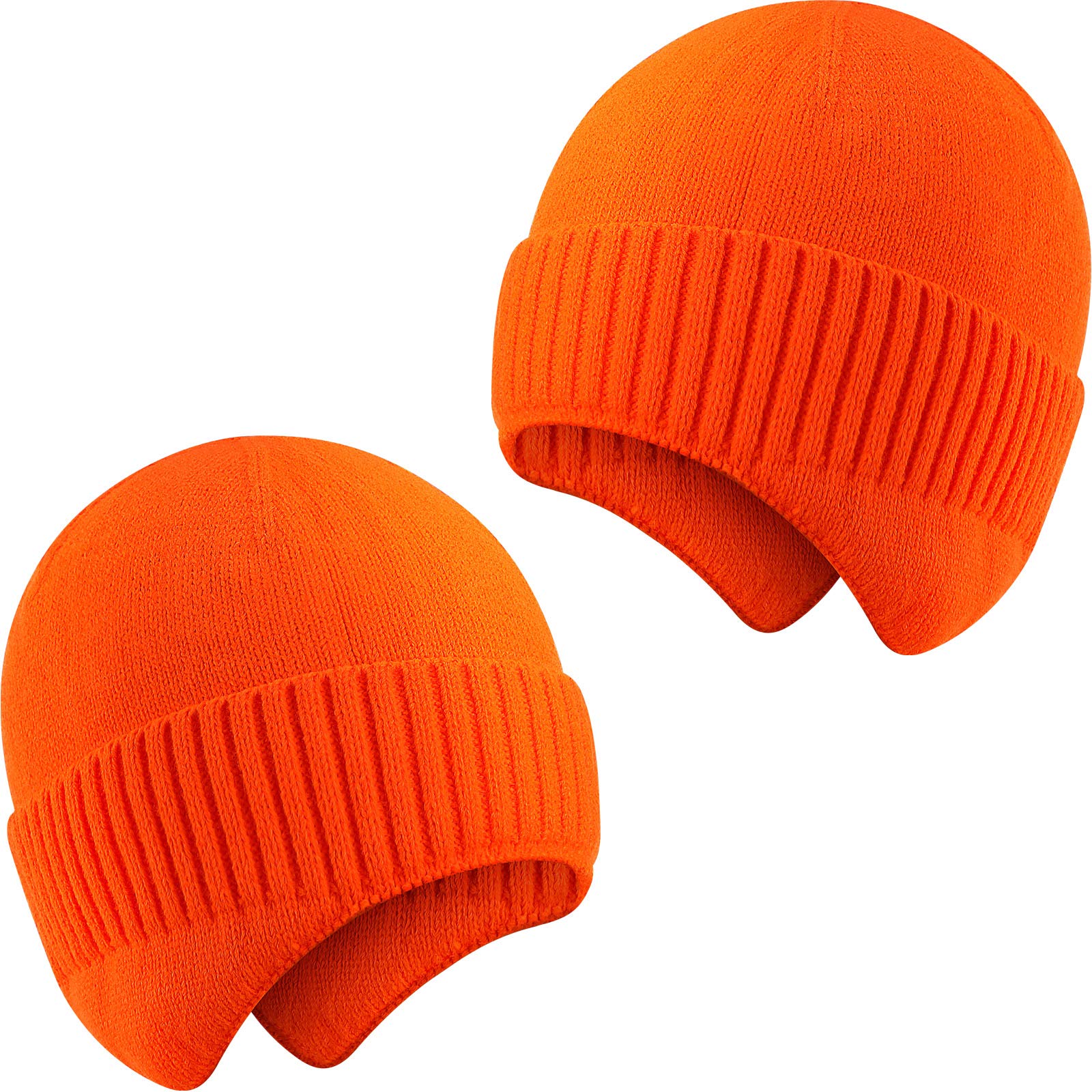 2 Pieces Beanie Watch Hat Winter Ear Flaps Skull Cap Warm Cuff Knit Hat with Plush for Men Outdoor Hunting (Orange)