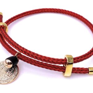 LESLIE BOULES 18K Gold Plated Saint Benedict Medal Red String Bracelet Charm Genuine Jetstone