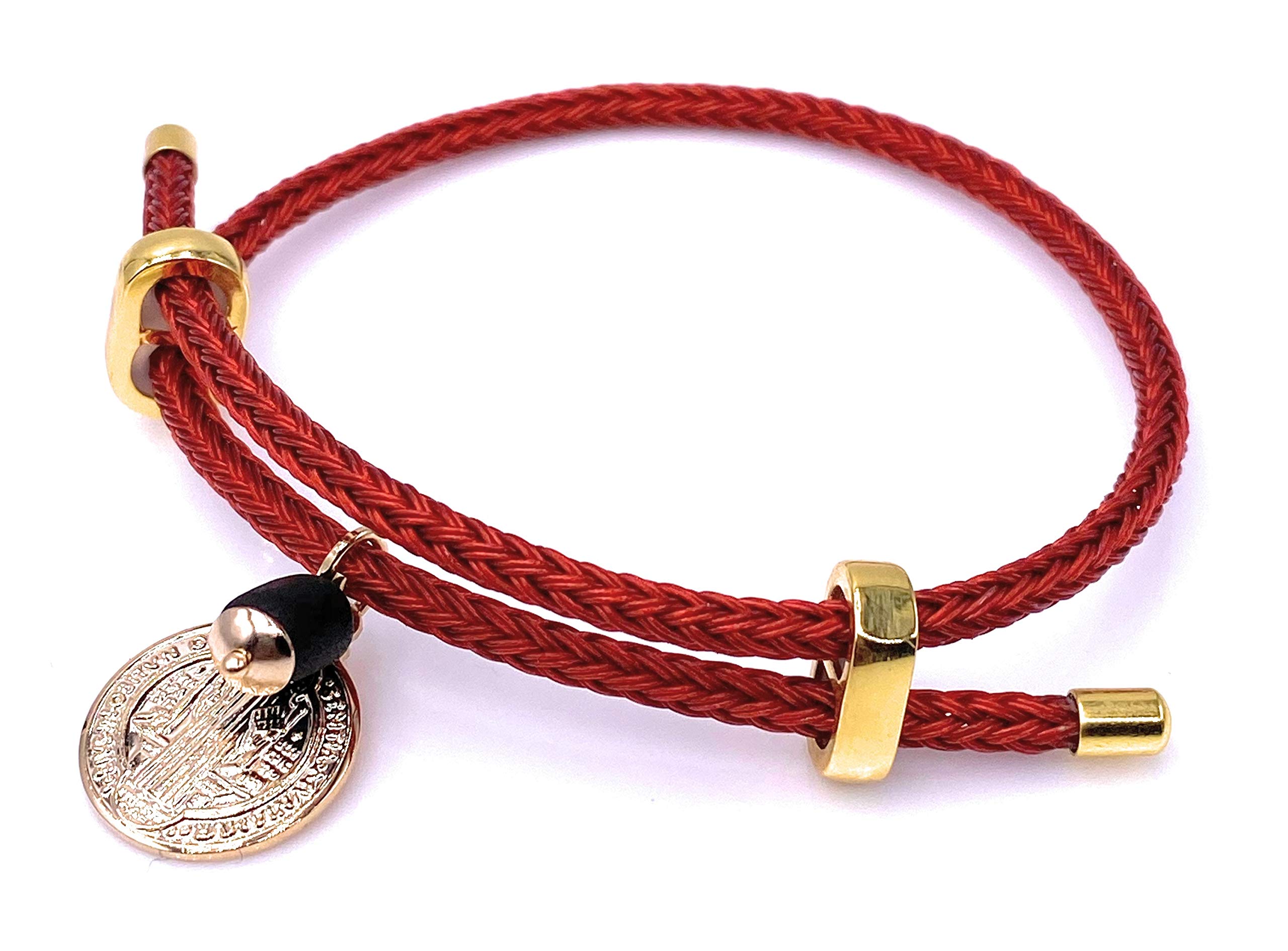 LESLIE BOULES 18K Gold Plated Saint Benedict Medal Red String Bracelet Charm Genuine Jetstone