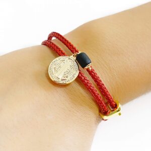 LESLIE BOULES 18K Gold Plated Saint Benedict Medal Red String Bracelet Charm Genuine Jetstone