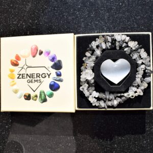 Zenergy Gems CHARGED 18" Natural Himalayan Black Tourmaline Quartz (Tourmalinated - Black Rutile) Crystal Necklace Tumble Polished + Selenite Charging Heart [Included]