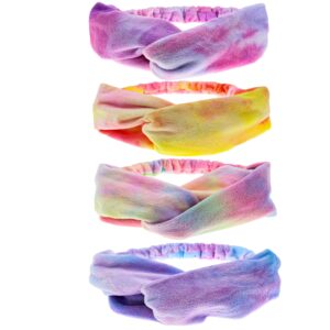 frog sac 4 tie dye headbands for girls, elastic knotted hair accessories for kids, stretch knot head band hair accessories for tweens, sleepover party spa headband for washing face