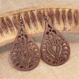 Wovanoo Wood Earrings for Women Natural Wooden Teardrop Drop Dangle Earring Flower Brown