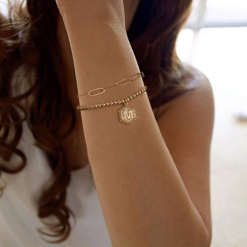 IEFWELL Gold Bracelets for Teen Girls - Gold Initial Bracelets for Women Gold Bracelets for Women Girls Initial Bracelets for Girls Gifts Letter M Bracelets for Women Bracelets, Pulseras Para Mujer