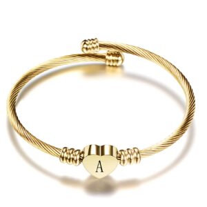 chili jewelry women gold plated heart initial a-z letter cuff bracelets expandable stainless steel birthday jewelry (a-letter)