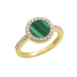 kiera 14k yellow gold clad sterling silver round halo malachite ring, size 7