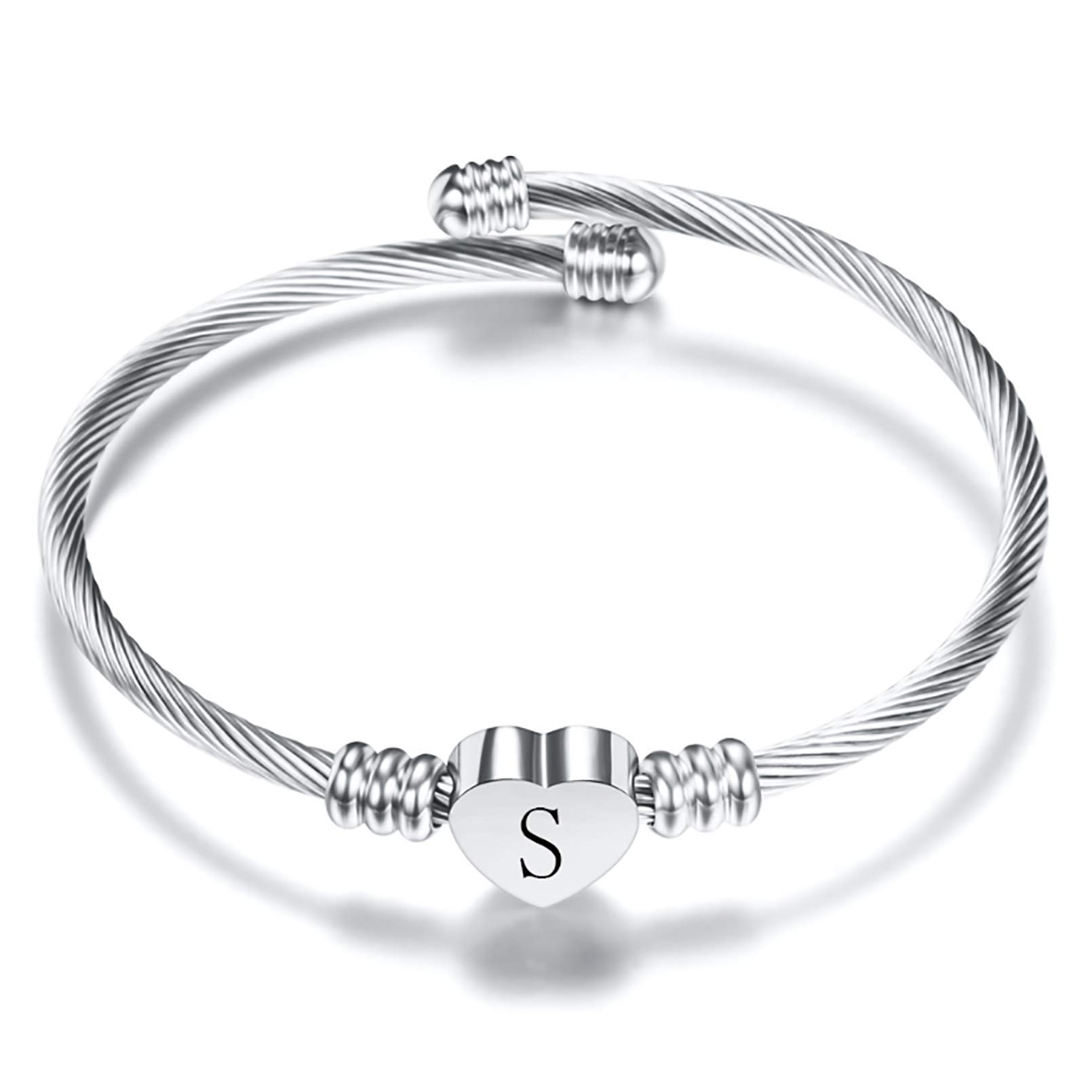 Chili Jewelry Women Initial S Letter Heart Name Expandable Silver Bracelets