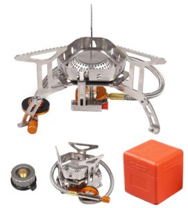 dzrzvd windproof portable backpacking stove burner with piezo ignition,stove adapter,plastic storage box,strong firepower,lightweight,propane butane stove for indoor outdoor camping hiking and picnic