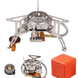 DZRZVD Windproof Portable Backpacking Stove Burner with Piezo Ignition,Stove Adapter,Plastic Storage Box,Strong Firepower,Lightweight,Propane Butane Stove for Indoor Outdoor Camping Hiking and Picnic