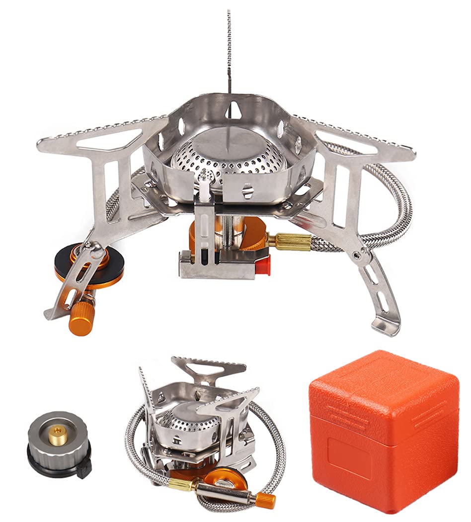 DZRZVD Windproof Portable Backpacking Stove Burner with Piezo Ignition,Stove Adapter,Plastic Storage Box,Strong Firepower,Lightweight,Propane Butane Stove for Indoor Outdoor Camping Hiking and Picnic