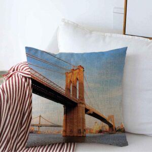 decorative linen square throw pillow cover cushion case city brooklyn york blue bridge over east urban brick river viewed parks outdoor design cityscape vintage farmhouse pillowcase 20 x 20 inches