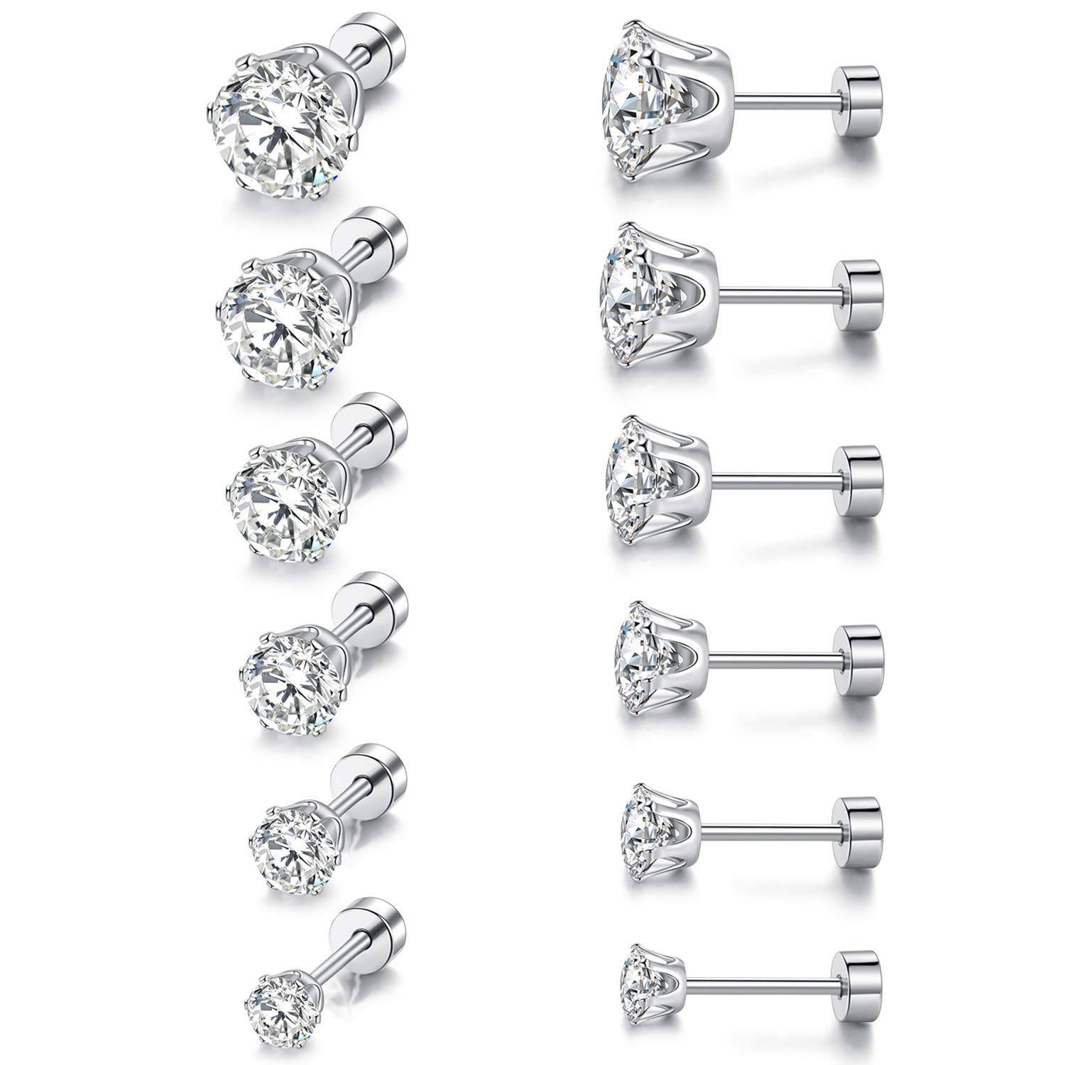 Screw Back Titanium Surgical Stainless Steel Earrings Flat Back Packs Hypoallergenic for Women Men Sensitive Ears Cubic Zirconia Simulated Diamond CZ Helix Stud Multipack Piercing