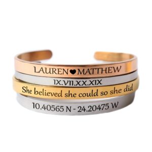 mia·mia personalized bracelets for women, custom inspirational engraved names, dates & messages cuff bangles