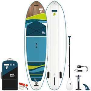 tahe 10'6 breeze performer air premium inflatable sup paddleboard package complete with paddle and leash