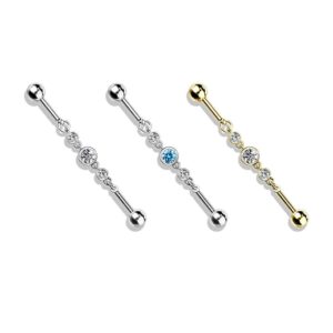 Amelia Fashion 14 Gauge Triple Round CZ Chain Industrial Barbell 316L Surgical Steel (Choose Color) (Clear)