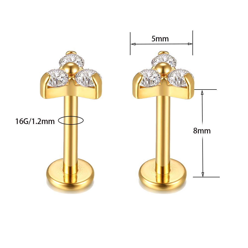 KaseStyle G23 Titanium Labret Studs 16G Lip Studs Earring Piercing Internally Threaded CZ Top Labret Monroe Helix Cartilage Tragus Piercing Studs-8mm 2 pairs gold triple&round CZ