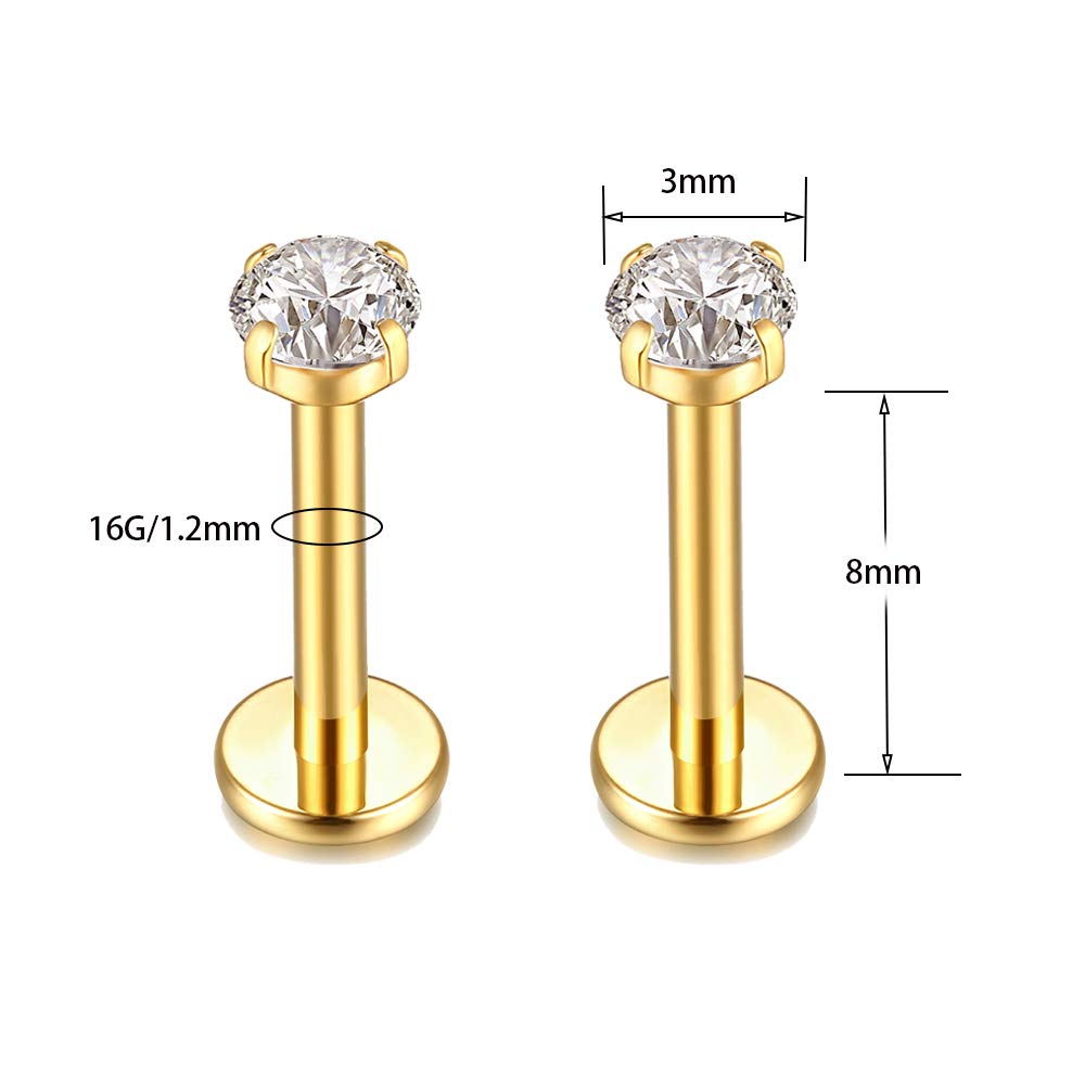 KaseStyle G23 Titanium Labret Studs 16G Lip Studs Earring Piercing Internally Threaded CZ Top Labret Monroe Helix Cartilage Tragus Piercing Studs-8mm 2 pairs gold triple&round CZ