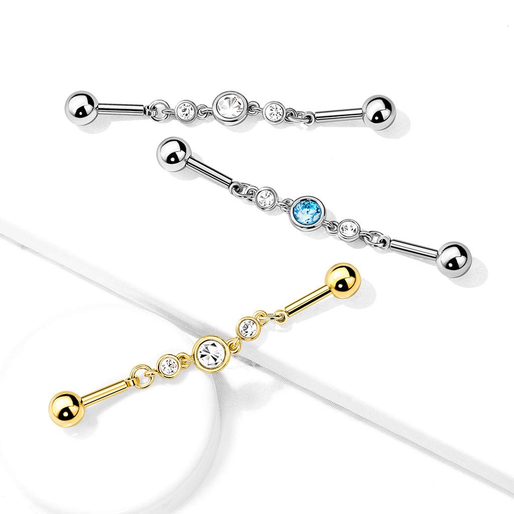 Amelia Fashion 14 Gauge Triple Round CZ Chain Industrial Barbell 316L Surgical Steel (Choose Color) (Clear)