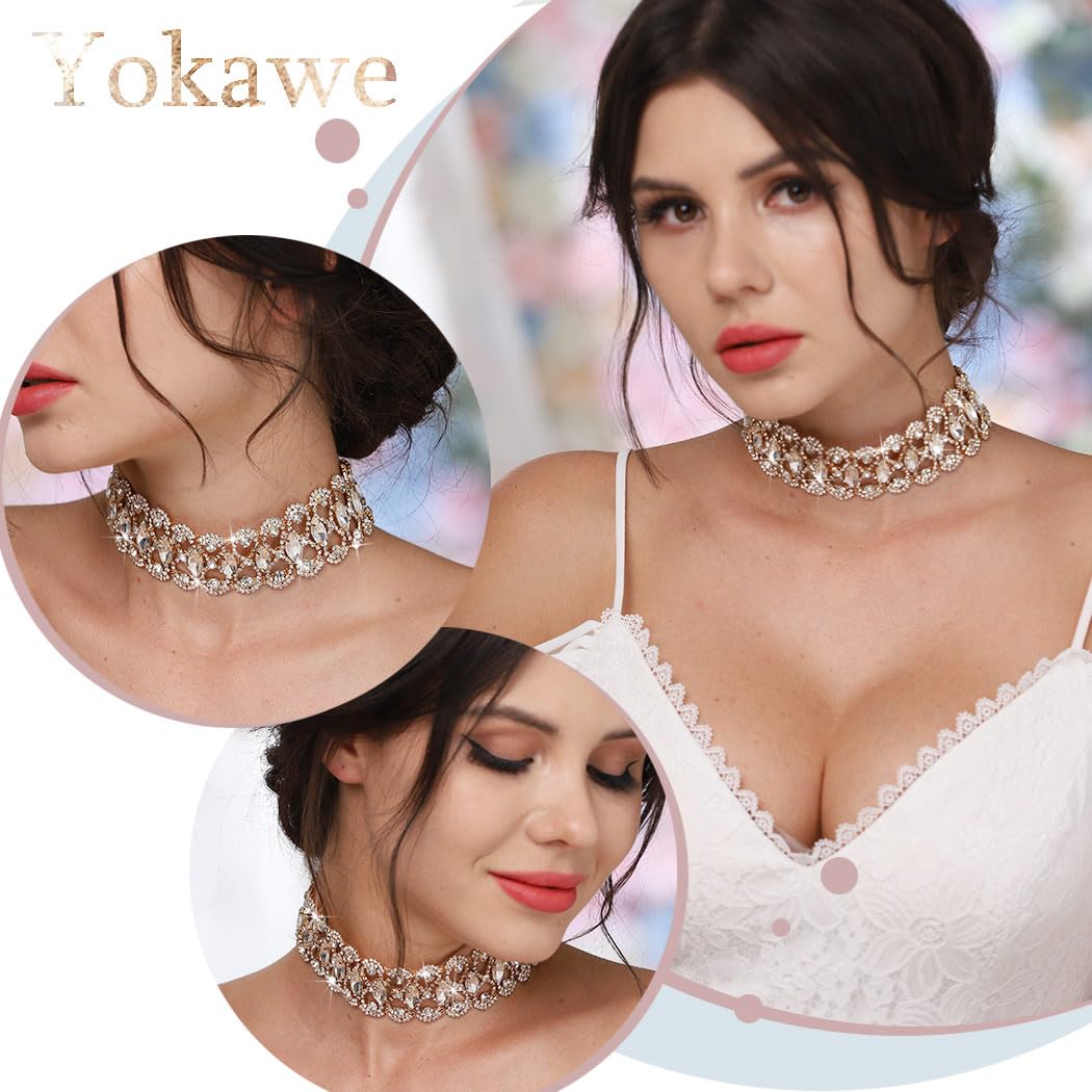 Yokawe Crystal Choker Necklace Gold Statement Necklace Sparkly Rhinestone Choker Sexy Wide Collar Party Rave Neck Jewelry Accessories for Women