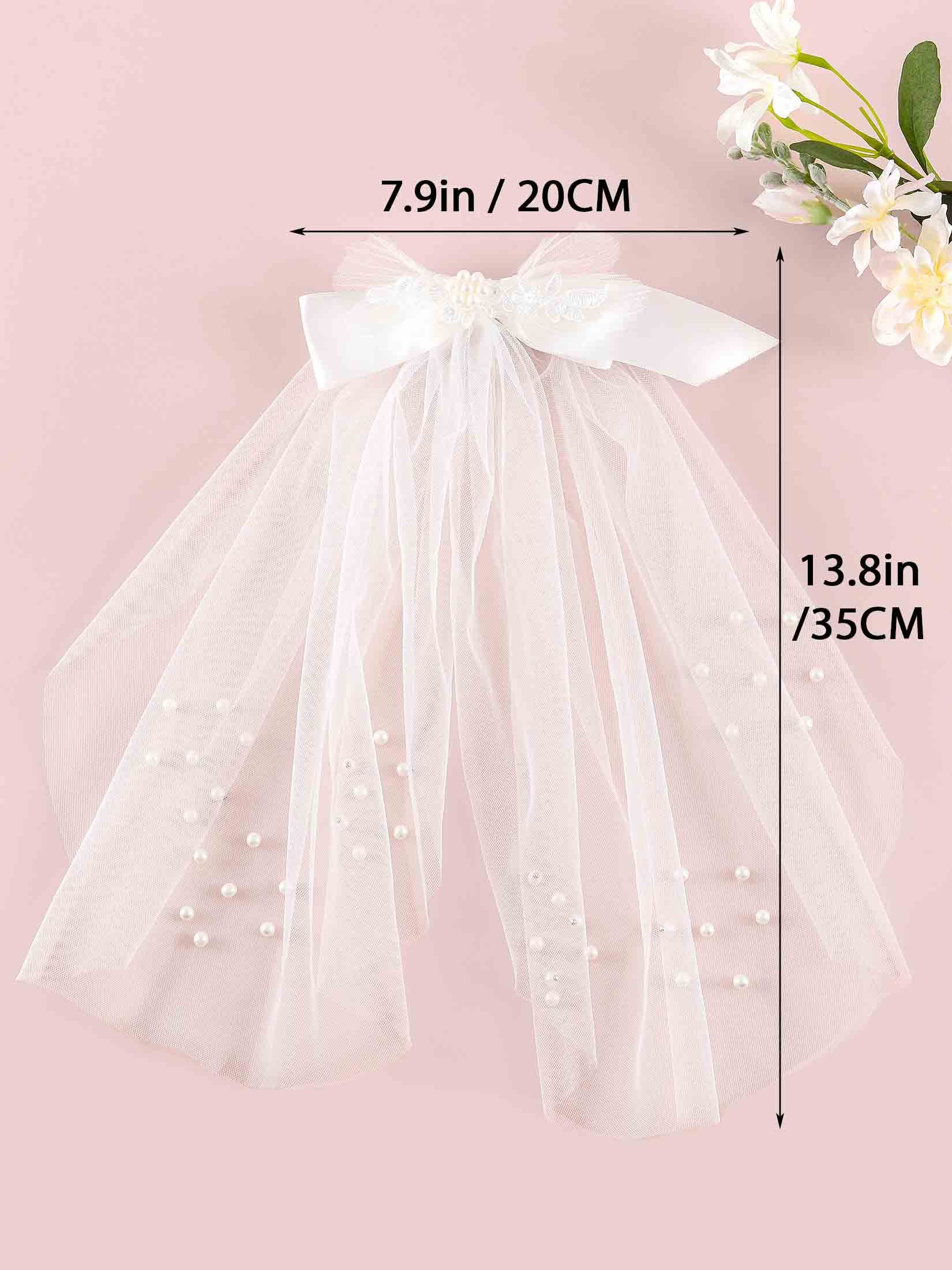 Campsis Wedding Bridal Veil White Pearl Tulle Short Veil Bow Knot 1 Tier Veil Bride Hair Accessories for Women and Girls (A-Clip)