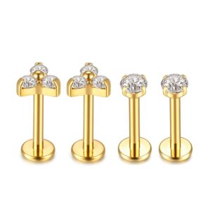 kasestyle g23 titanium labret studs 16g lip studs earring piercing internally threaded cz top labret monroe helix cartilage tragus piercing studs-8mm 2 pairs gold triple&round cz