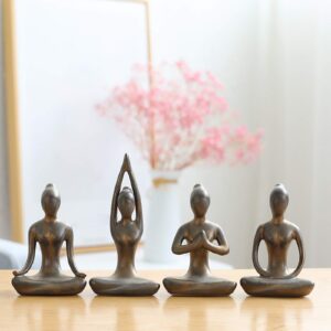 owmell lot of 4 meditation yoga pose statue figurine ceramic yoga figure set decor - patina gold