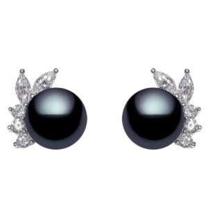 9-9.5mm Black Cultured Freshwater Pearl Earrings AAAA Quality Rhodium Plated Sterling Silver