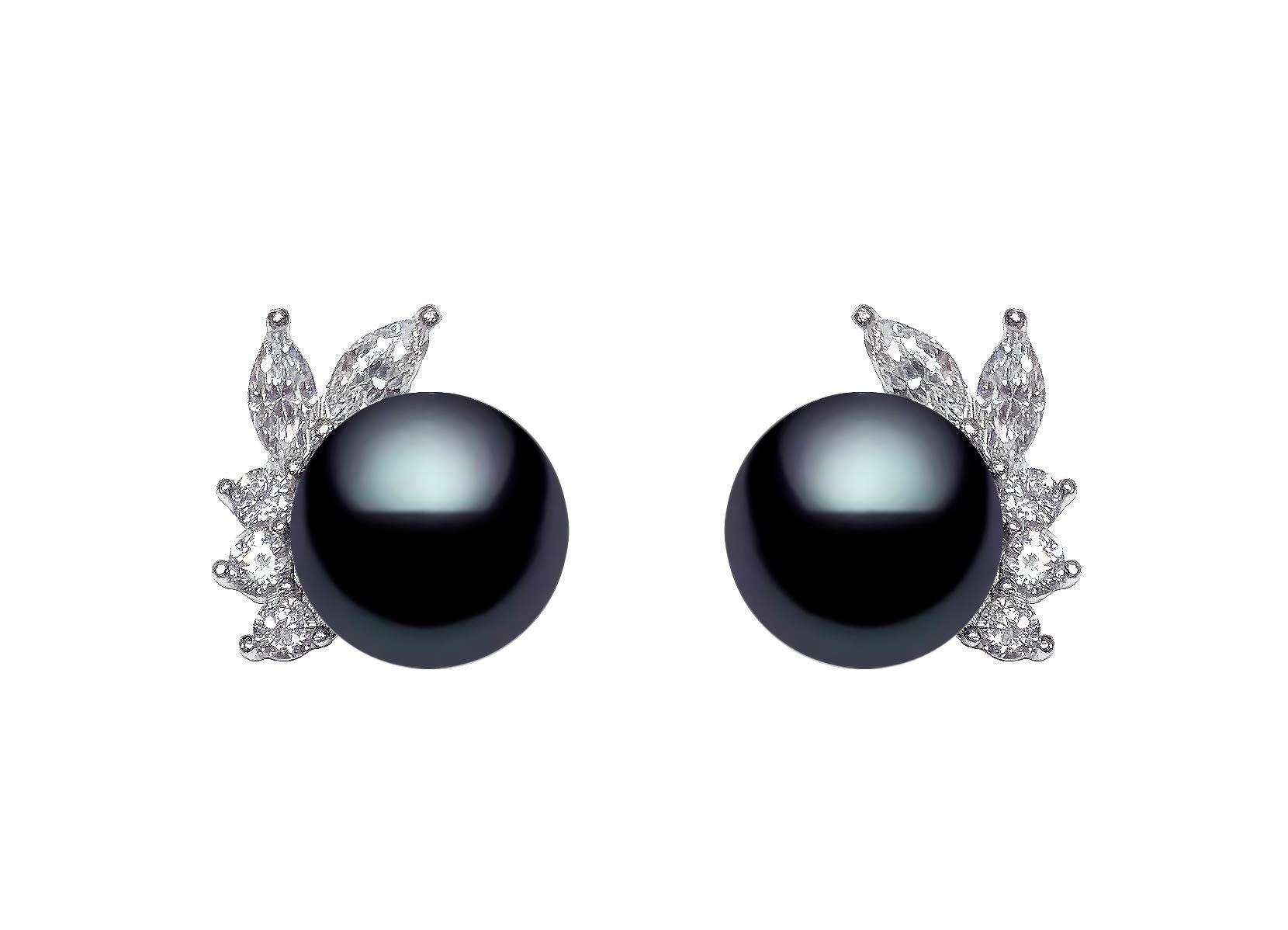 9-9.5mm Black Cultured Freshwater Pearl Earrings AAAA Quality Rhodium Plated Sterling Silver