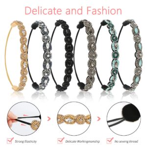 6 Pack Elastic Rhinestone Headbands for Women, Vintage Beads Rhinestone Hair Headband, Handmade Fashionable Diamond Elastic Headbands for Lady Brides Women Girls