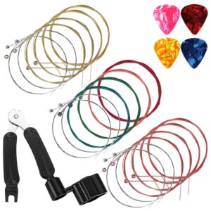 3 sets acoustic guitar strings replacement steel guitar strings (gold, brass, multicolor) with 4 pieces celluloid guitar picks,guitar string winder guitar kit for guitar beginners performers