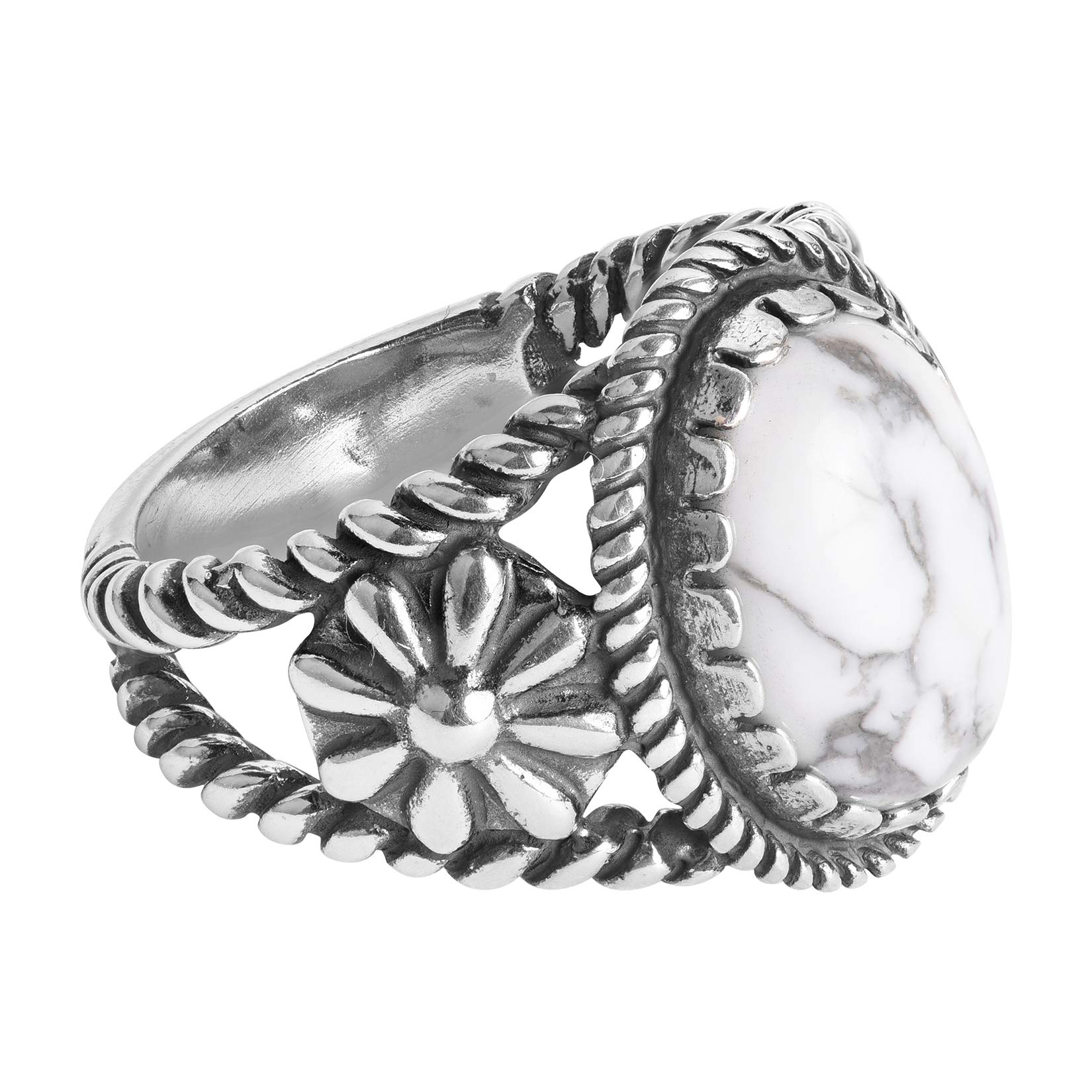 American West Jewelry Sterling Silver Women's Ring White Howlite Gemstone Native-Inspired Flower Design Size 7