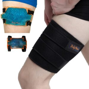 bodymoves thigh support brace plus hot and cold ice pack adjustable hamstring quad compression wrap sleeve for men and women tendinitis pulled groin muscle sprain