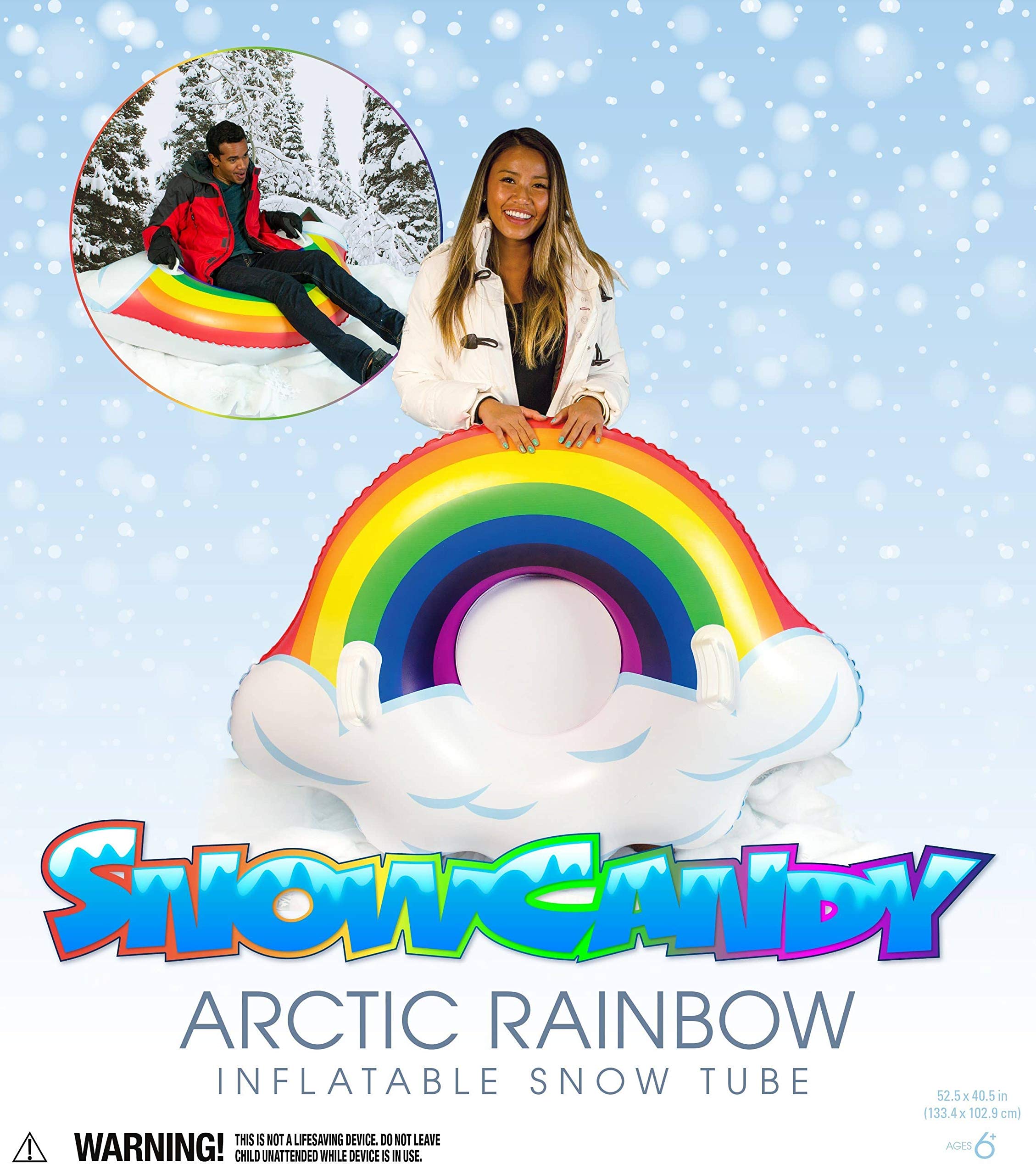 SNOWCANDY Snow Tube 48" Arctic Rainbow, Inflatable Snow Sled Toboggan for Kids and Adults, Heavy Duty with Handles and Bottom, Winter Outdoor Sledding, Easy to Inflate and Deflate