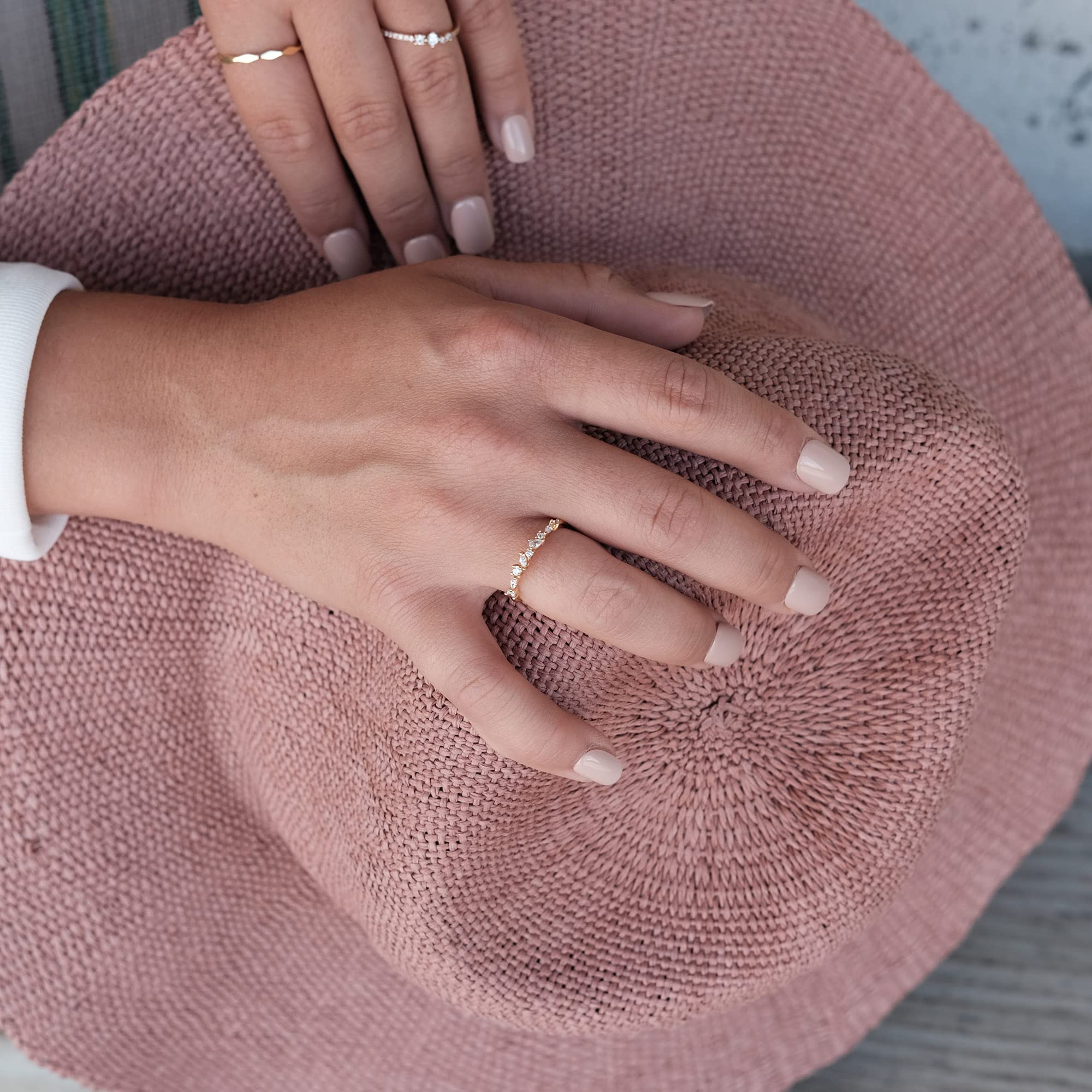 BLOSSOM & HUE Rhodium Plated Sterling Silver Cluster Ring | Multi Simulated Diamond | Milgrain Marquise and Round CZ Wedding Ring | Delicate Eternity Stackable Band