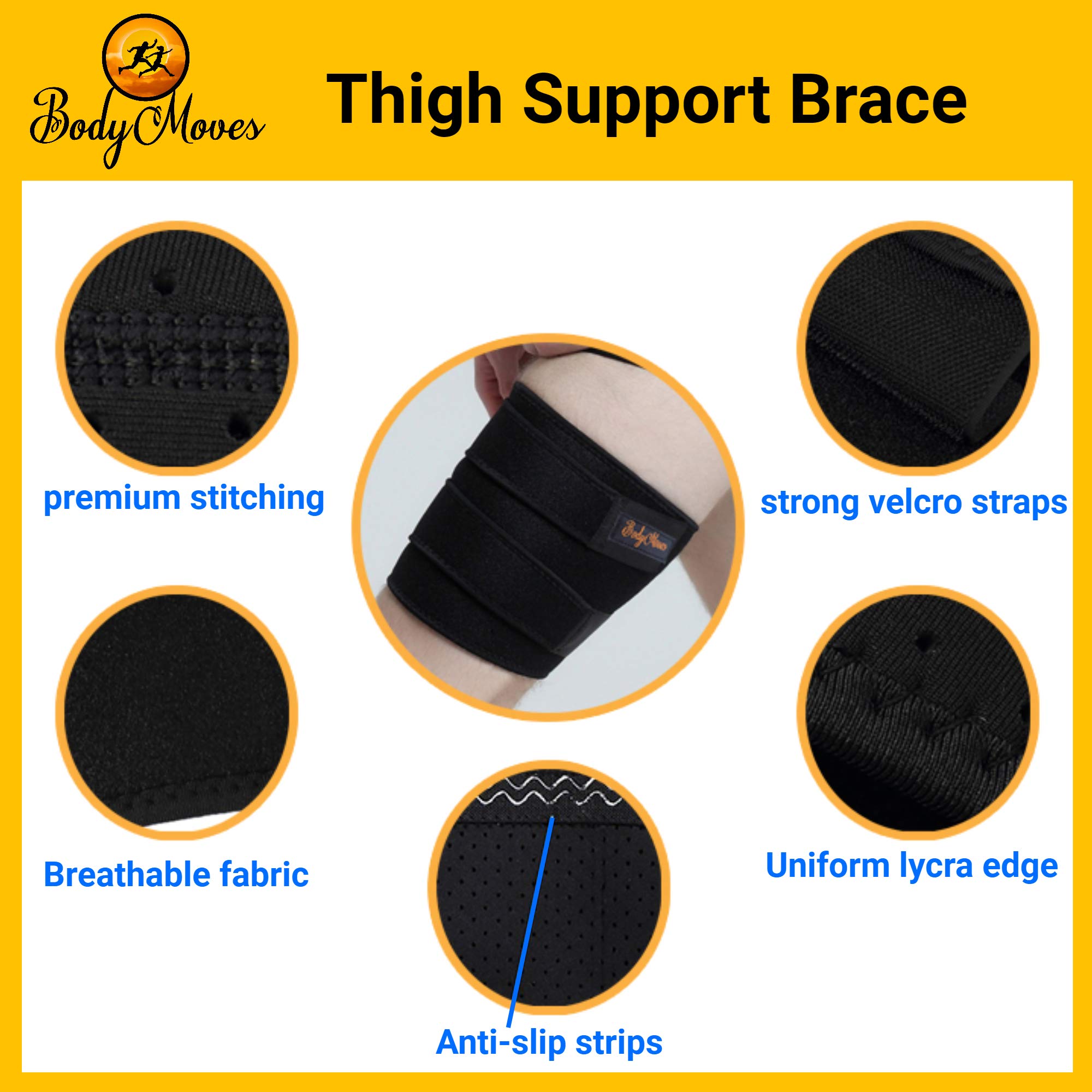 BodyMoves Thigh Support Brace plus Hot and cold ice pack Adjustable hamstring quad Compression wrap Sleeve for men and women tendinitis pulled groin muscle sprain