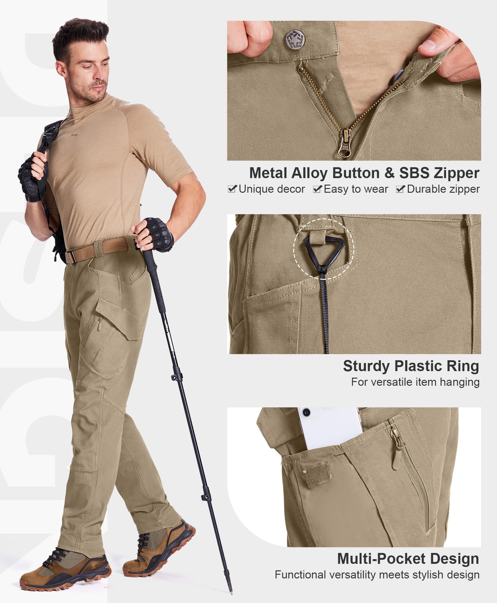 FEDTOSING Tactical Pants for Men with 9 Pockets Cotton Cargo Work Military Trousers Stretch Hiking Combat Rip-Stop Pants Khaki 38x32