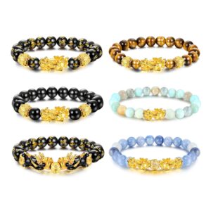 sailimue 6 pcs feng shui pixiu good luck bracelets for men women natural stone tiger eye bead bracelet pi yao chinese dragon charm adjustable feng shui black obsidian wealth bracelet set