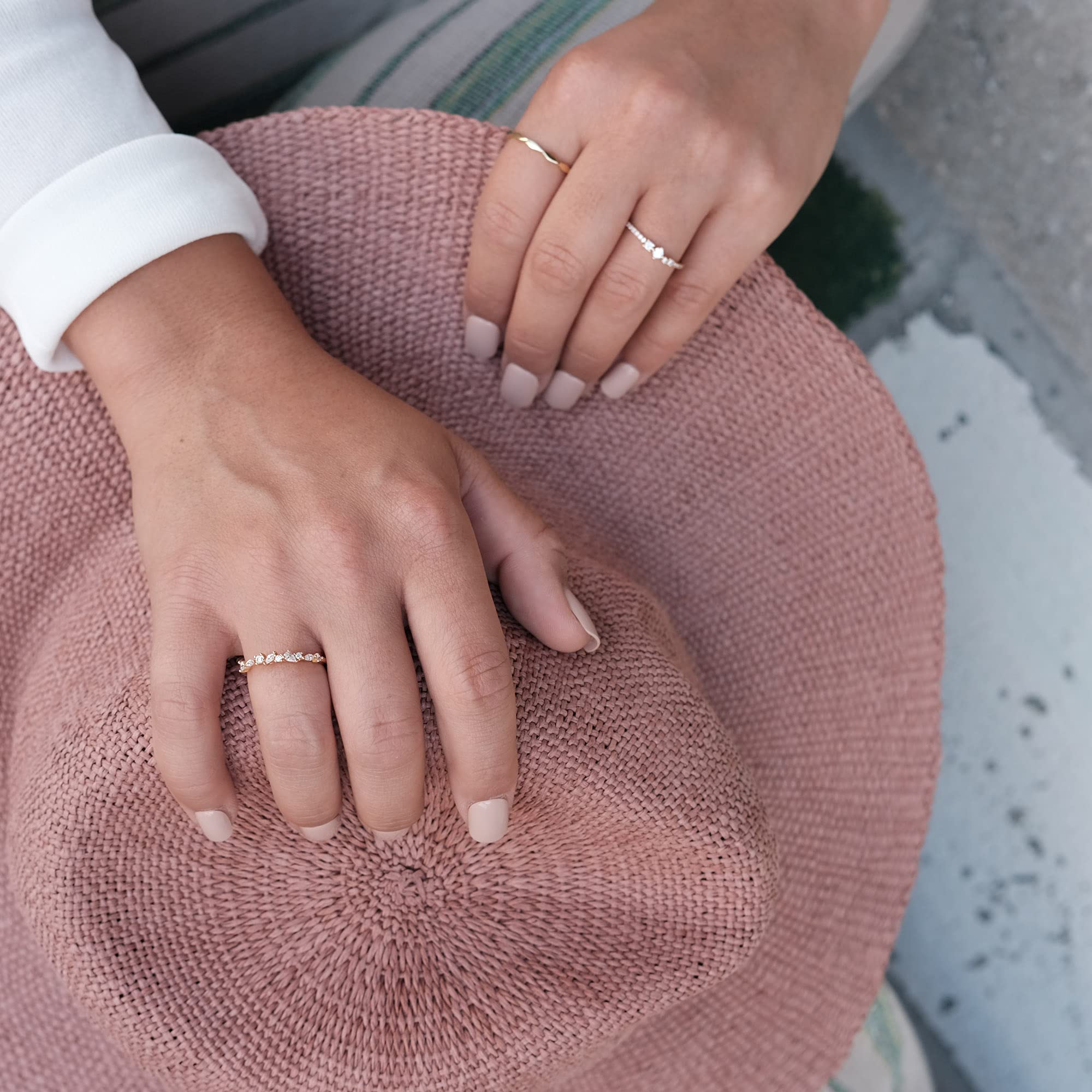 BLOSSOM & HUE Rhodium Plated Sterling Silver Cluster Ring | Multi Simulated Diamond | Milgrain Marquise and Round CZ Wedding Ring | Delicate Eternity Stackable Band