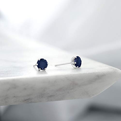 Gem Stone King Platinum Blue Sapphire Stud Earrings For Women (1.20 Cttw, Gemstone Birthstone, Round 5MM)