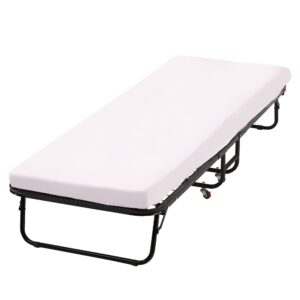 folding guest bed with wheels guest beds portable beds extra roll away foldaway 3.9 inch comfort foam mattress strong sturdy frame heavy duty l75*w30*h12 inches，white