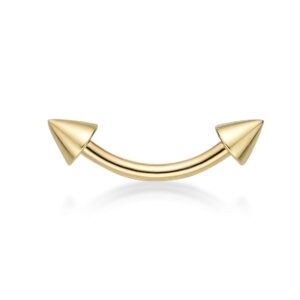 lavari jewelers 16 gauge spike curved barbell eyebrow stud for women - 14k yellow gold stud ring - 5/16 inches (7.9mm) body jewelry - unisex hypoallergenic piercing jewelry - 16g body piercing for men