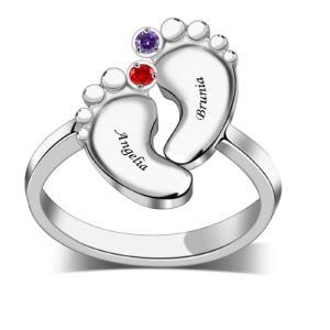 bauma personalized mothers ring with 2 simulated birthstones baby feet ring with 2 names engraved custom mom ring for christmas